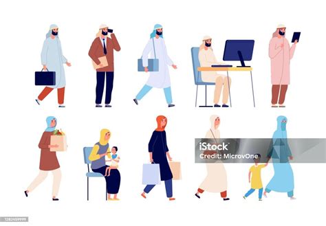 아랍 문자 사우디 기업인 무슬림 여성 남자 그룹 고립 된 이슬람 사람 착용 전통적인 아라비아 의류 벡터 일러스트 이슬람교에 대한