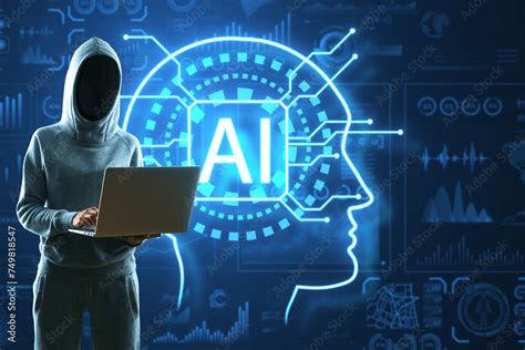 Hacker With Laptop And Creative Glowing Digital Brain Hologram On