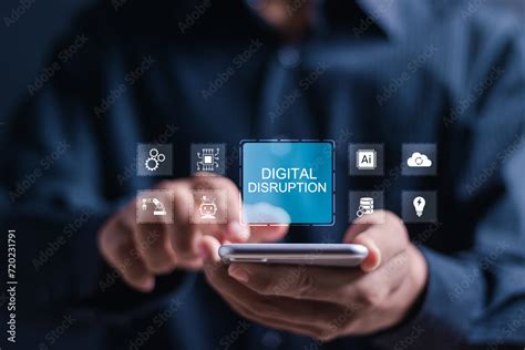 digital disruption concept person use smartphone with virtual screen