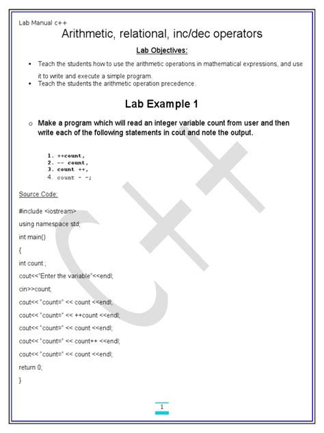 Arithmetic Relational Incdec Operators Lab Example 1 Pdf