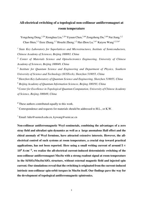 Pdf All Electrical Switching Of A Topological Non Collinear Antiferromagnet At Room Temperature