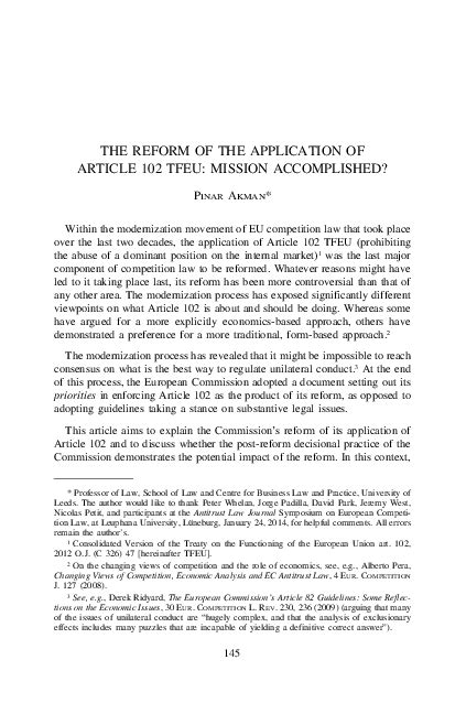 Pdf The Reform Of The Application Of Article 102 Tfeu Mission Accomplished