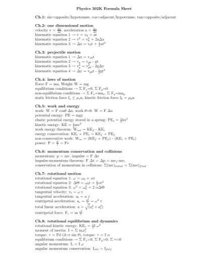 Physics 302k Formula Sheet Ch 1 Sin Opposite Hypotenuse Cos