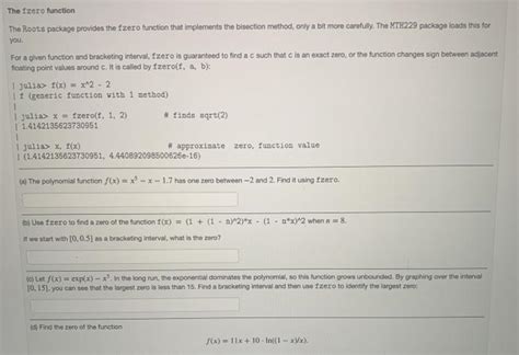 Solved The Fzero Function The Roots Package Provides The