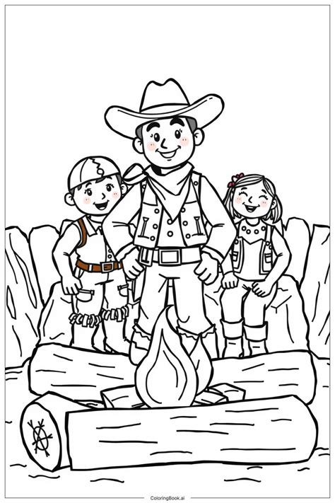 캠프파이어 주위의 카우보이와 친구들 색칠하기 페이지 무료 Pdfandpng 인쇄 가능