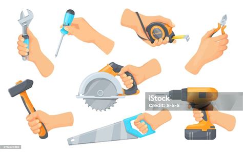 건설 도구를 들고 있는 손 전문 장인 핸디맨 손 전기 또는 수동 악기 목수 작업 수리 산업 노동절 개념 깔끔한 벡터 일러스트 레이 션 개체 그룹에 대한 스톡 벡터 아트 및
