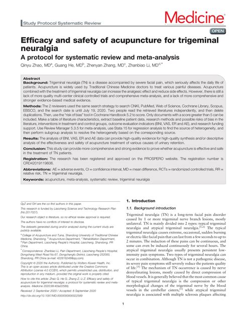 Pdf Efficacy And Safety Of Acupuncture For Trigeminal Neuralgia A Protocol For Systematic