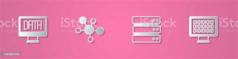 set paper cut data analysis mind map infographic server and binary code