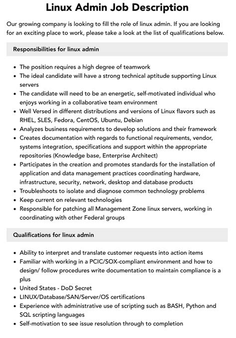 Linux Admin Job Description Velvet Jobs
