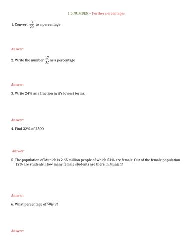Test Further Percentages Igcse 0580 Extended And Core Teaching Resources