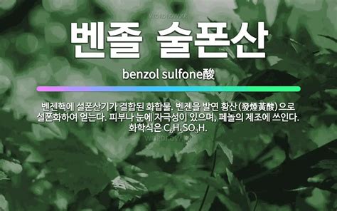 🌟벤졸 술폰산 벤젠핵에 설폰산기가 결합된 화합물 벤젠을 발연 황산發煙黃酸으로 설폰화하여 얻는다 피 표준국어대사전