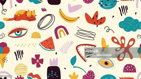 현대적인 장식 패턴 귀여운 고양이 과일 및 현대 추상 적 요소 배경 트렌디한 컬러풀 한 벡터 매끄러운 질감 과일에 대한 스톡 벡터 아트 및 기타 이미지 Istock