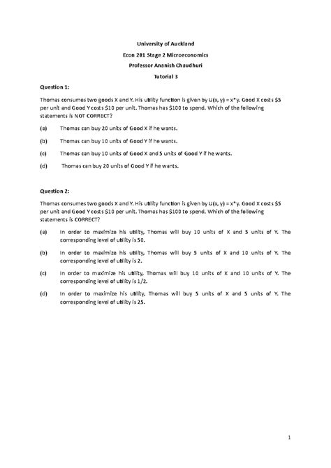 Tutorial Questions University Of Auckland Econ Stage Microeconomics Professor