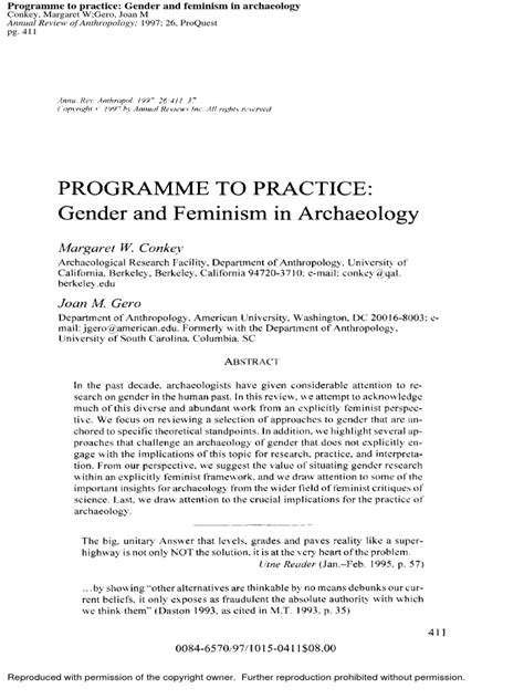 Gender And Feminism In Archaeology Conkey And Gero 1997 Pdf Women