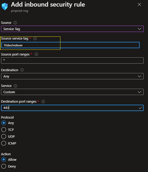在 azure ai 影片索引器中，使用服務標籤搭配網路安全群組。 microsoft learn