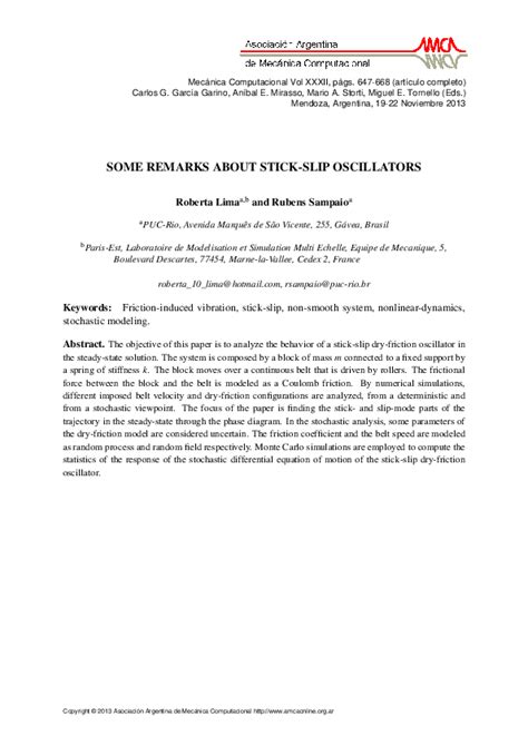 Pdf Some Remarks About Stick Slip Oscillators Rubens Sampaio And Roberta Lima