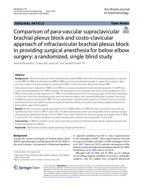 Pdf Comparison Of Para Vascular Supraclavicular Brachial Plexus Block And Costo Clavicular