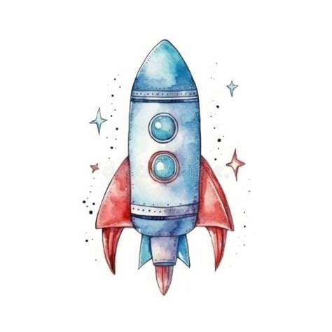 Watercolor Illustration Space Rocket Launch Spaceship Start Isolated