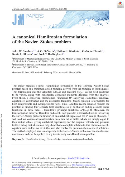 Pdf A Canonical Hamiltonian Formulation Of The Navier Stokes Problem
