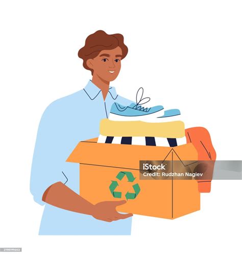 사람들은 옷을 재사용합니다 옷 상자를 들고 자선 단체나 재활용품에 기부하는 행복한 남성 자원 봉사자 제로 웨이스트와 지속 가능한 패션 평면 벡터 일러스트 레이 션