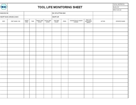 Tool Life Monitoring Sheet Machine No No Of Cutting Edge Insert Name Grade And Make Insert