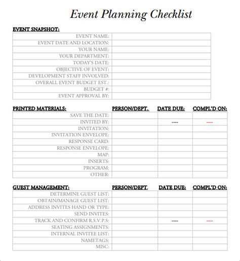 Sample Event Planning Checklist Templates Sample Templates