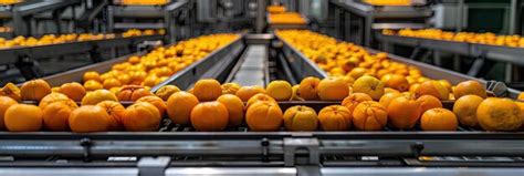 Automated Orange Processing Facility With Conveyors Full Of Fresh