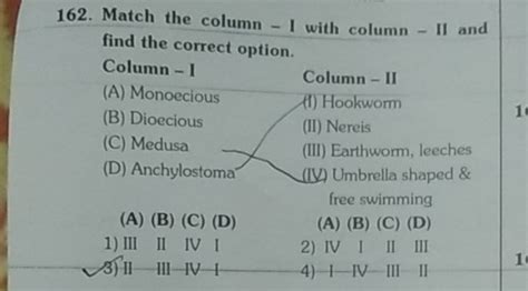162 Match The Column I With Column Ii And Find The Correct Optionc
