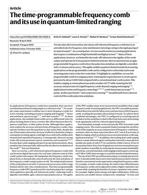 the time programmable frequency comb and its use in quantum limited
