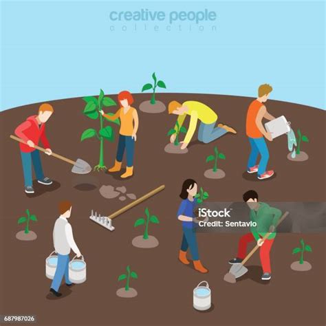자연 지구 생태 관리 평면 3d 아이소메트리 아이소메트릭 개념 웹 벡터 일러스트 레이 션 젊은 이들이 나무 묘 종 급수 새싹 식물 크리에이 티브 사람들이 컬렉션입니다 심기에