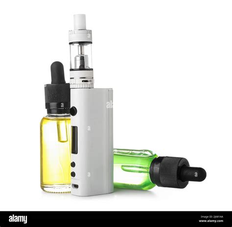 Modern Vape Mod And Oils On White Background Stock Photo Alamy