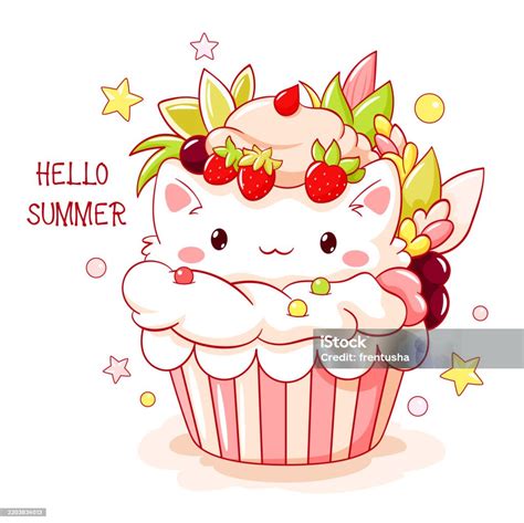 카와이 스타일의 귀여운 디저트가 들어간 여름 카드 휘핑크림과 딸기를 곁들인 작은 고양이와 컵케이크 비문 안녕 여름 티셔츠 프린트 스티커 인사말 카드에 사용할 수 있습니다