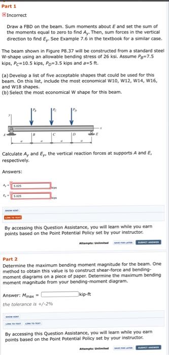solved part 1 incorrect draw a fbd on the beam sum moments