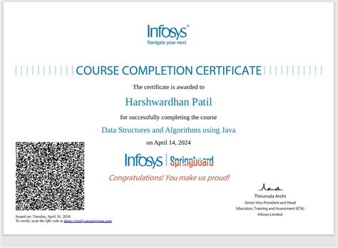 Completed Data Structures And Algorithms Course From Infosys Harshwardhan Patil Posted On The