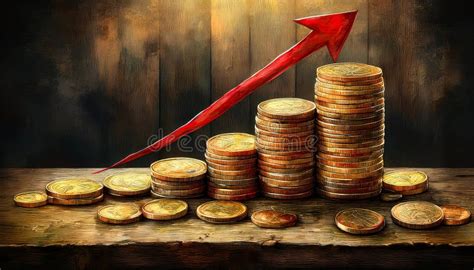 A Red Arrow Pointing Down Over A Row Of Decreasing Gold Coins Generative Ai Stock Illustration