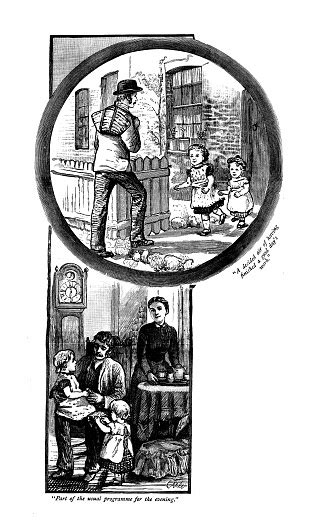 빅토리아 시대의 흑백 판화가정과 직장에서의 아버지됨1887 19세기에 대한 스톡 벡터 아트 및 기타 이미지 19세기 19세기 스타일 가정 생활 Istock