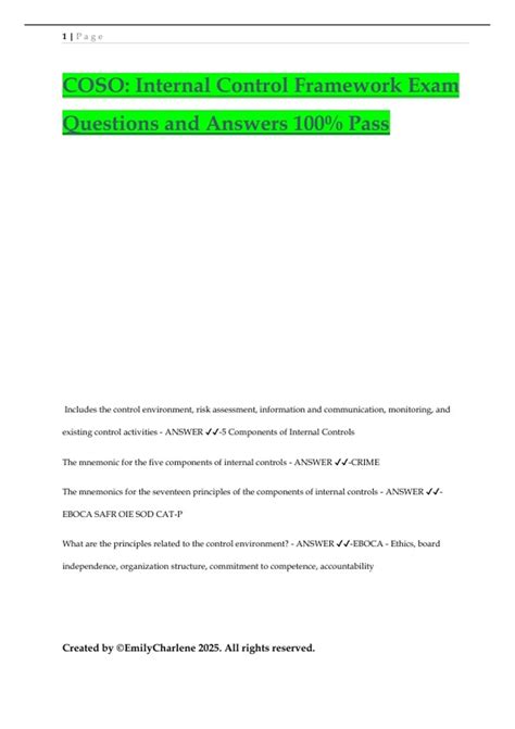 Coso Internal Control Framework Exam Questions And Answers 100 Pass Coso Stuvia Us