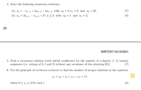 Solved 4 Solve The Following Recurrence Relations 7 A