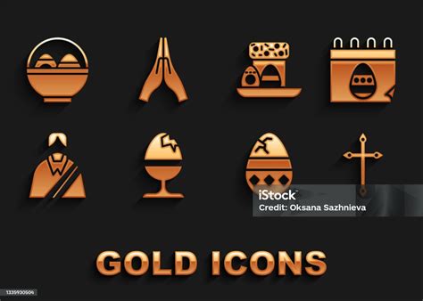 스탠드에 치킨 달걀을 설정 부활절 기독교 십자가 금이 예수 케이크 달걀 바구니 부활절과 손을기도 위치 아이콘에 달력 벡터 4월에 대한 스톡 벡터 아트 및 기타 이미지