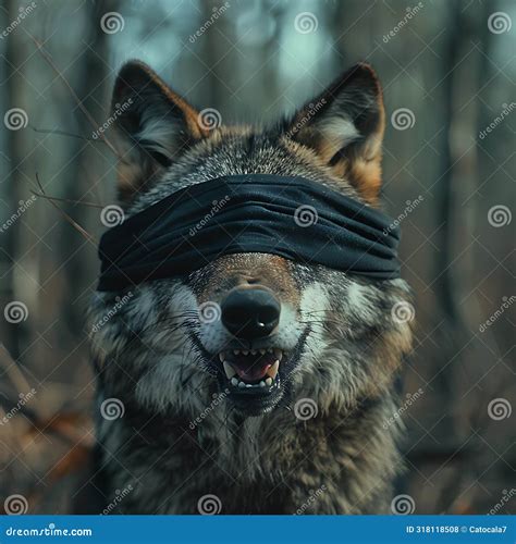 An Angry Predatory Wolf In A Black Blindfold Bares Its Large Fangs An