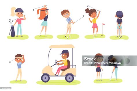 골프 연주 세트 벡터 그림입니다 만화 고립 된 어린이 골퍼 캐릭터 푸른 잔디에서 골프 클럽과 공으로 훈련 소년과 소녀 선수의 액션 및 전문 포즈 컬렉션 가방에 대한 스톡