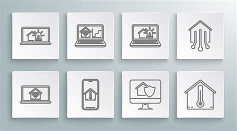 Wifi가 있는 스마트 홈이 있는 노트북 휴대폰 집 온도 보호 중인 컴퓨터 모니터 집 및 알람 스마트 및 아이콘을 설정합니다 벡터 Brand Name Smart Phone에