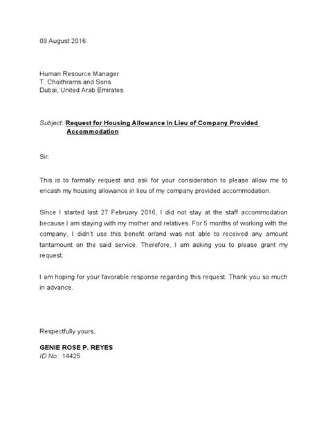 Request For Housing Allowance In Lieu Of Company Provided Accommodation Pdf