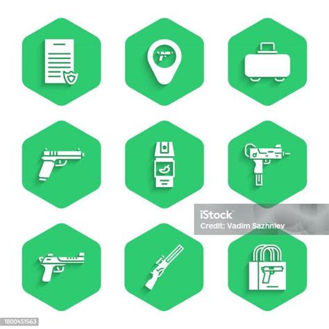 후추 스프레이 사냥 총 권총 구매 Uzi 기관단 사막 독수리 권총 또는 무기 케이스 및 총기 면허 증명서 아이콘을 설정합니다 벡터 개성 개념에 대한 스톡 벡터 아트 및 기타