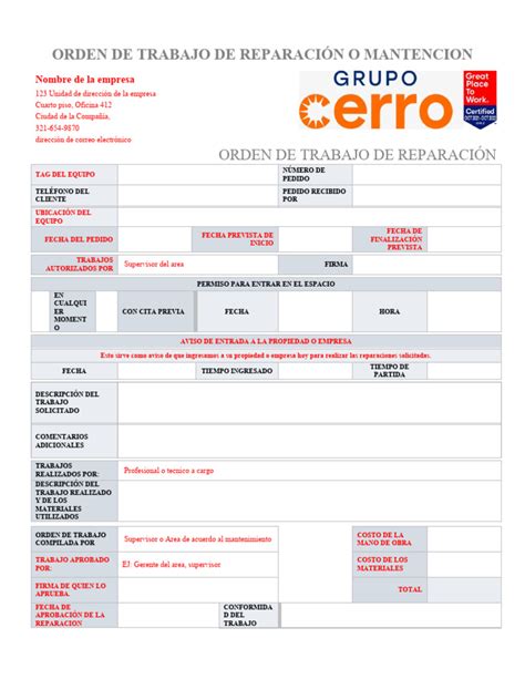 Ejemplo De Orden De Trabajo Pdf