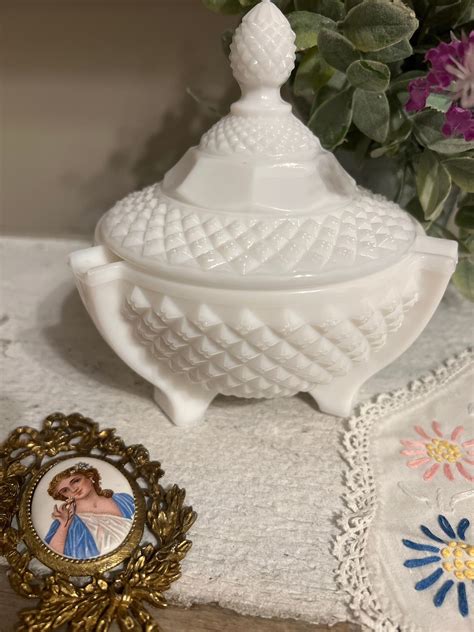 Vintage Milk Glass Collectible Diamond Milk Glass Footed Ashtray