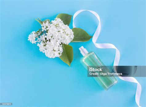 병에 담긴 향수 흰색 라일락 꽃 파란색 배경에 리본 복사 공간을 참조하십시오 천연 화장품의 개념 0명에 대한 스톡 사진 및 기타 이미지 Istock