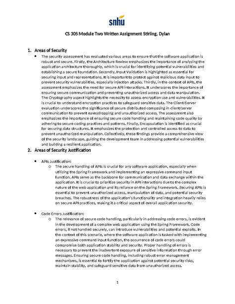 Cs 305 Module Two Written Assignment Areas Of Security The Security Assessment Has Evaluated