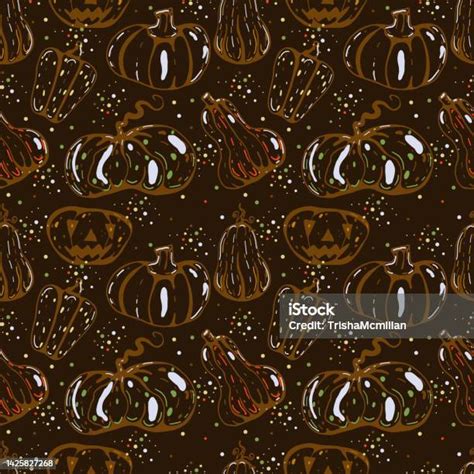 호박과 가을 잎이있는 가을 이음새가 없는 벡터 패턴 손으로 그린 그림 10월에 대한 스톡 벡터 아트 및 기타 이미지 10월 가을 갈색 Istock