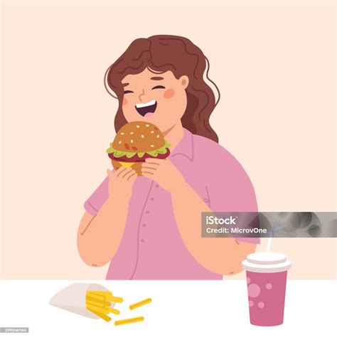 소녀는 햄버거를 먹는다 십대 점심 또는 저녁 식사 정크 푸드 개념을 가져 가라 젊은 성인 과체중 감자 튀김 샌드위치와 음료를 먹고 아늑하게 벡터 장면 가공의 인물에 대한